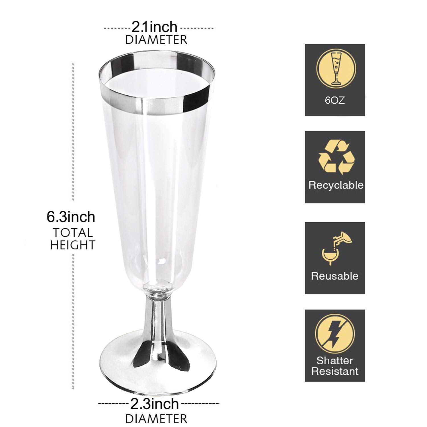 I00000 50 Pack Plastic Champagne Flutes with Silver Rim, Disposable Champagne Glasses 5 Oz, Perfect for Champagne, Bloody Mary, Sodas, Cocktail, Sundaes and other Desserts