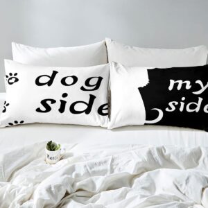 Dog Side and My Side Comforter Cover Valentine's Day Present Couple Bedding Set Black White Dog Duvet Cover Set Romantic Theme Couple Adult Bedspread with Zipper Ties Soft Microfiber Quilt Set, Queen