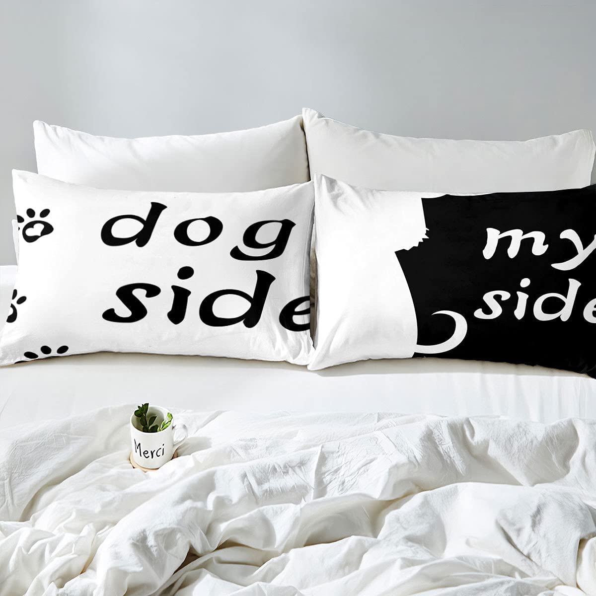 Dog Side and My Side Comforter Cover Valentine's Day Present Couple Bedding Set Black White Dog Duvet Cover Set Romantic Theme Couple Adult Bedspread with Zipper Ties Soft Microfiber Quilt Set, Queen