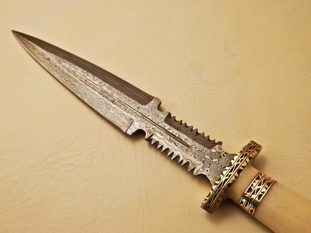 Skokie Knives Handmade Damascus Steel Dagger Knife - :Original Camel Bone Handle - with Brass Spacer and Red Fiber Sheet