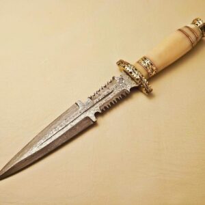 Skokie Knives Handmade Damascus Steel Dagger Knife - :Original Camel Bone Handle - with Brass Spacer and Red Fiber Sheet