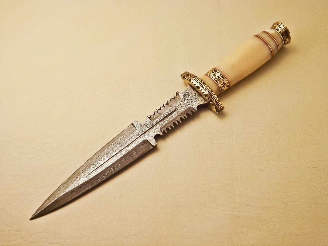 Skokie Knives Handmade Damascus Steel Dagger Knife - :Original Camel Bone Handle - with Brass Spacer and Red Fiber Sheet