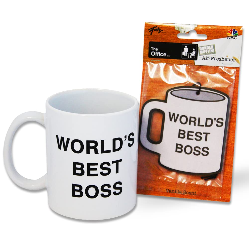 JUST FUNKY The Office “World’s Best Boss” 11 oz Mug and Vanilla Air Freshener Combo pack, 14+, (Officially Licensed)