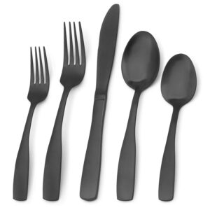 matte black silverware set, bysta 20-piece stainless steel flatware set, kitchen utensil set service for 4, tableware cutlery set for home and restaurant, satin finish, dishwasher safe