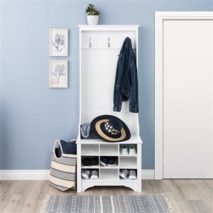 Prepac White Hall Tree, Shoe Cabinet, Storage Cabinet with 9 Shoe Cubbies and 3 Double Coat Hooks 15.5" D x 27" W x 68" H