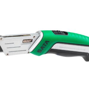 SATA T-Series Folding Utility Knife with Easy-Access Blade Storage in the Body and a Green Dual Material Handle - ST93486