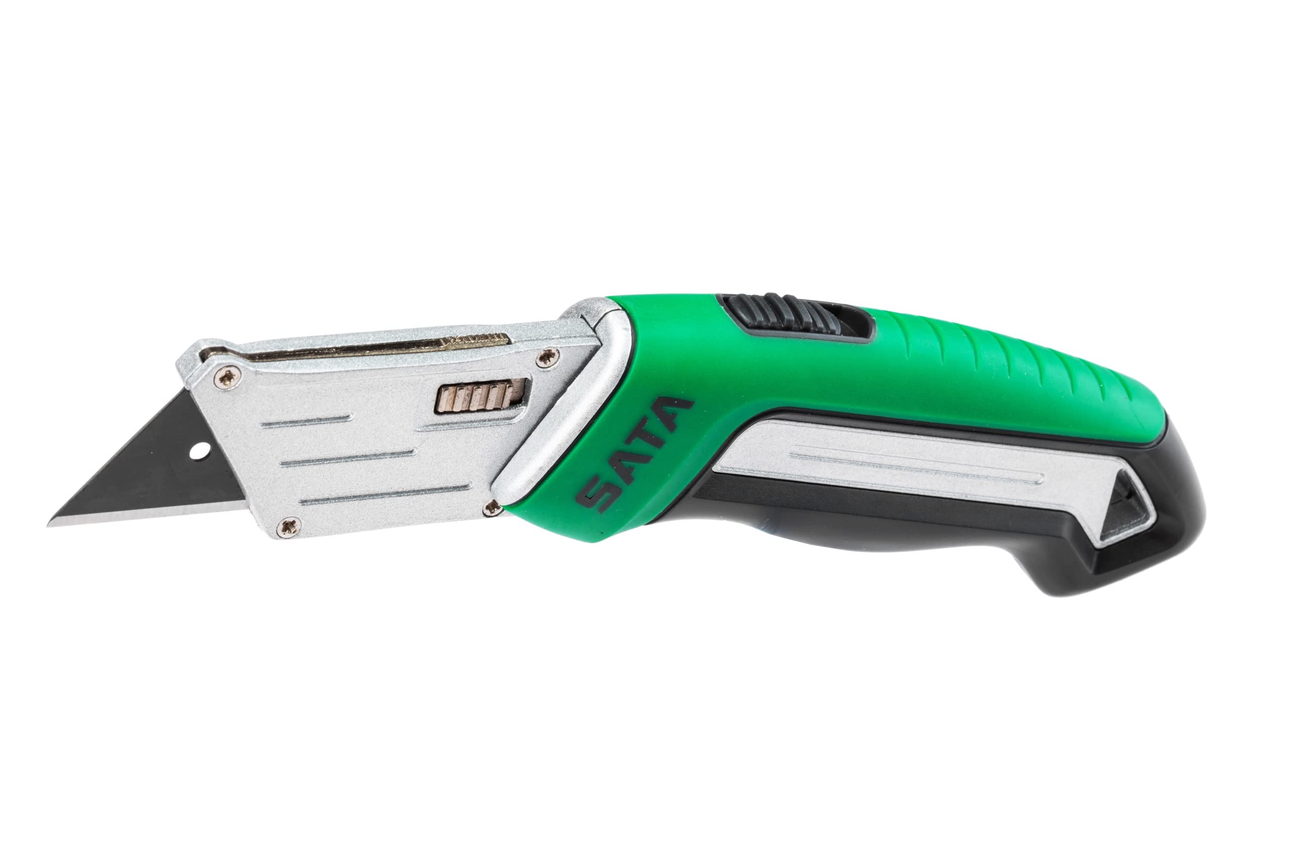 SATA T-Series Folding Utility Knife with Easy-Access Blade Storage in the Body and a Green Dual Material Handle - ST93486