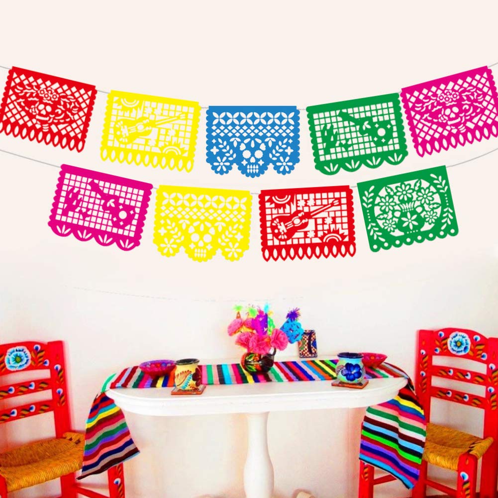 FUTUREPLUSX Mexican Party Banner, 18 Feet Plastic Day of The Dead Papel Picado Banner Cinco De Mayo Decorations Mexican Fiesta Garland for Party Supplies