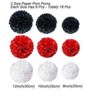 Recosis Hanging Paper Fan Set, Tissue Paper Pom Poms Flower Fan and Honeycomb Balls for Birthday Baby Shower Wedding Festival Decorations - Red Black and White