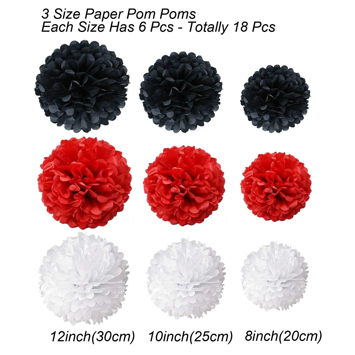 Recosis Hanging Paper Fan Set, Tissue Paper Pom Poms Flower Fan and Honeycomb Balls for Birthday Baby Shower Wedding Festival Decorations - Red Black and White