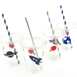 Space Party Cups Galaxy Rocket Birthday Disposable with Lids Straws (12 Set)