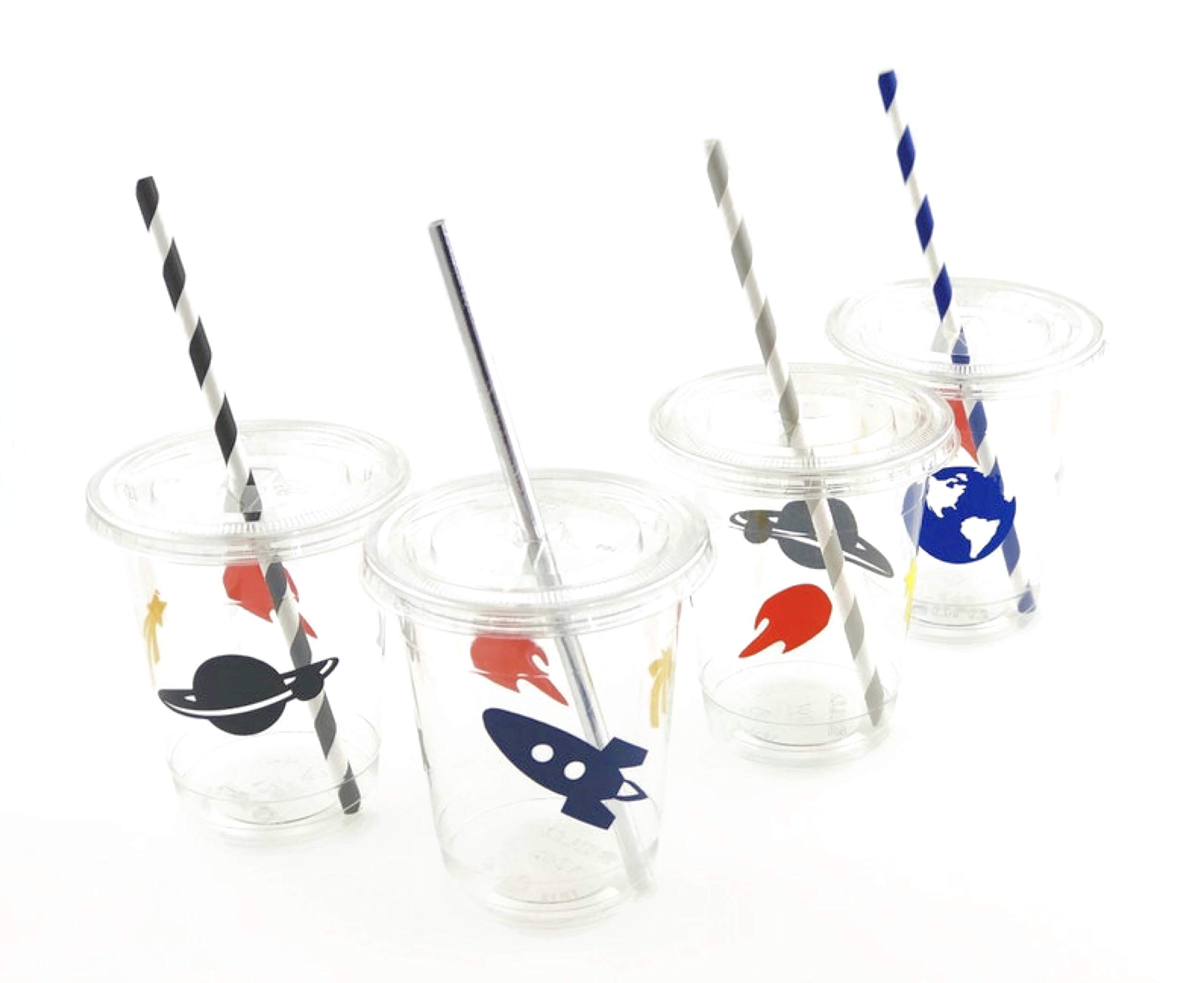 Space Party Cups Galaxy Rocket Birthday Disposable with Lids Straws (12 Set)