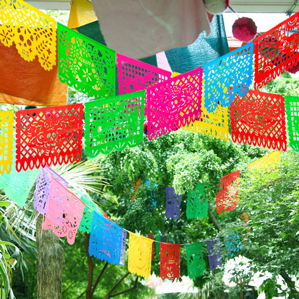 FUTUREPLUSX Mexican Party Banner, 18 Feet Plastic Day of The Dead Papel Picado Banner Cinco De Mayo Decorations Mexican Fiesta Garland for Party Supplies