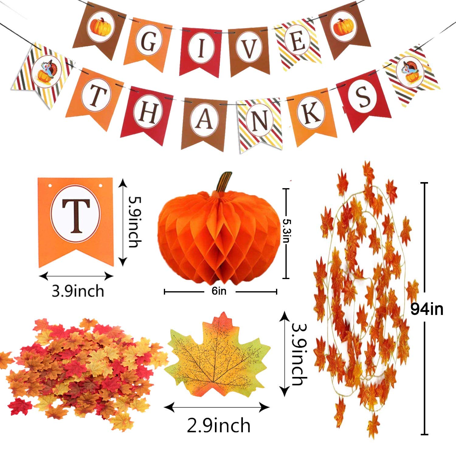 GIVE Thanks Hanging Banner Autumn Pumpkin Honeycomb Ball Maple Leaf Garland Fall Harvest Welcome Banner for Thanksgiving Party Decorations