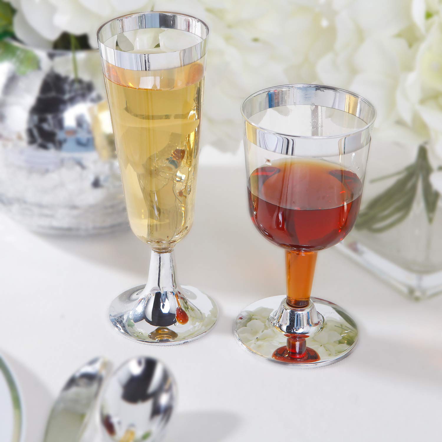 I00000 50 Pack Plastic Champagne Flutes with Silver Rim, Disposable Champagne Glasses 5 Oz, Perfect for Champagne, Bloody Mary, Sodas, Cocktail, Sundaes and other Desserts