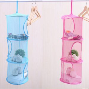 Hanging Mesh Space Saver Bags Organizer 3 Compartments Toy Storage Basket for Kids Room,3 Pcs (blue green pink)