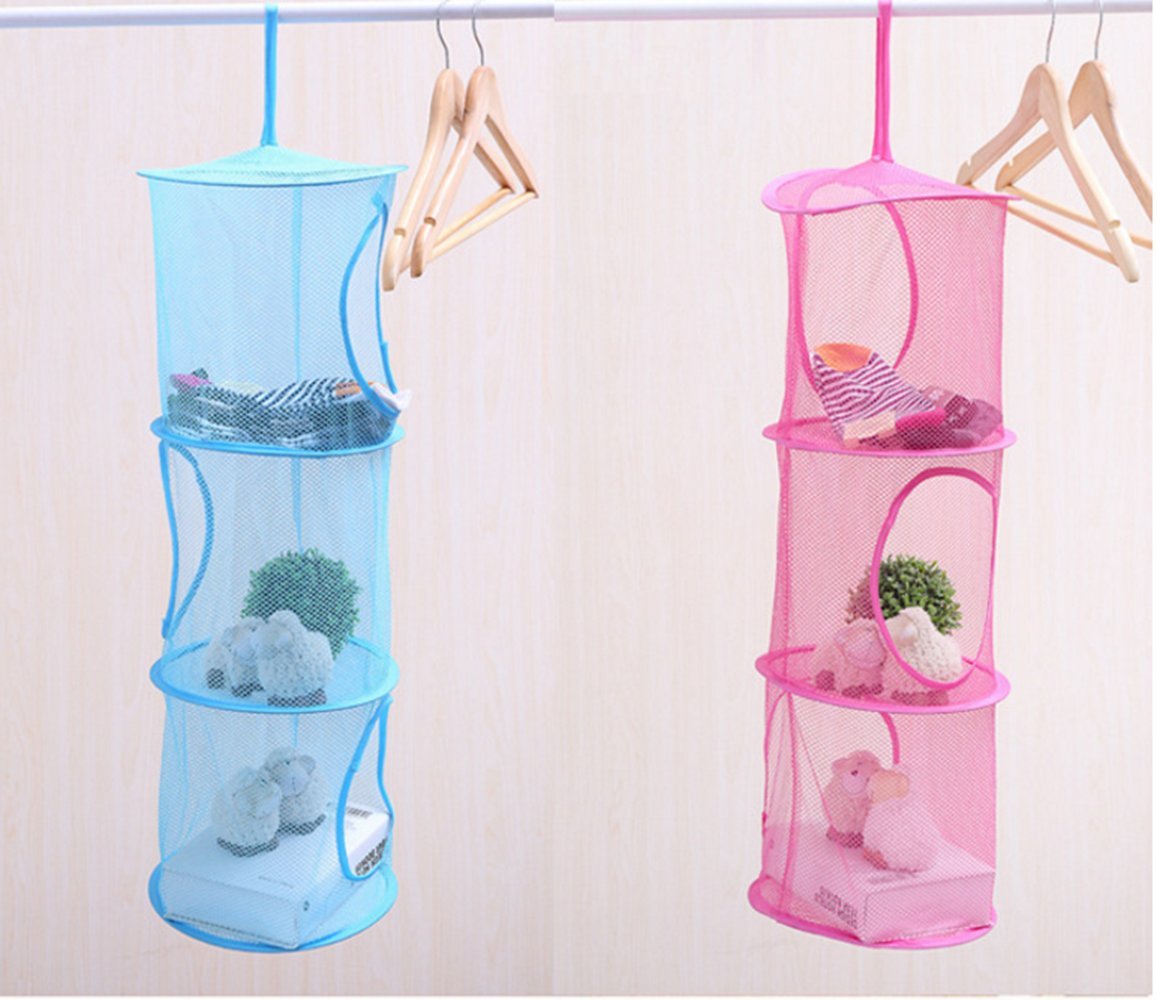 Hanging Mesh Space Saver Bags Organizer 3 Compartments Toy Storage Basket for Kids Room,3 Pcs (blue green pink)