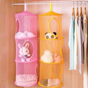 Hanging Mesh Space Saver Bags Organizer 3 Compartments Toy Storage Basket for Kids Room,3 Pcs (blue green pink)