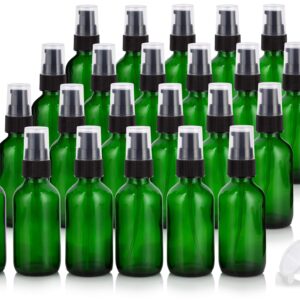 JUVITUS 2 oz Green Glass Luxury Boston Round Bottle with Black Treatment Pump (24 Pack) + Funnel I Refillable Empty Storage Containers