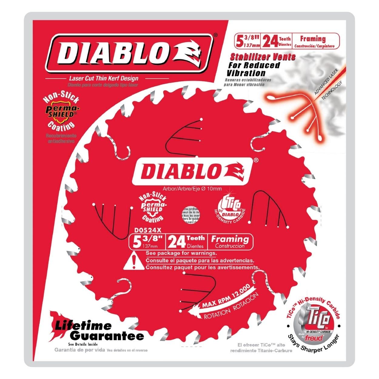 Diablo Fast Framing Saw Blade for Wood - Hi-Density Carbide - 5-1/2" Diameter, 18 ATB Teeth, 20mm Arbor, .049" Kerf, 18° Hook Angle, .039" Plate, 12000 Max RPM - D055018WMX