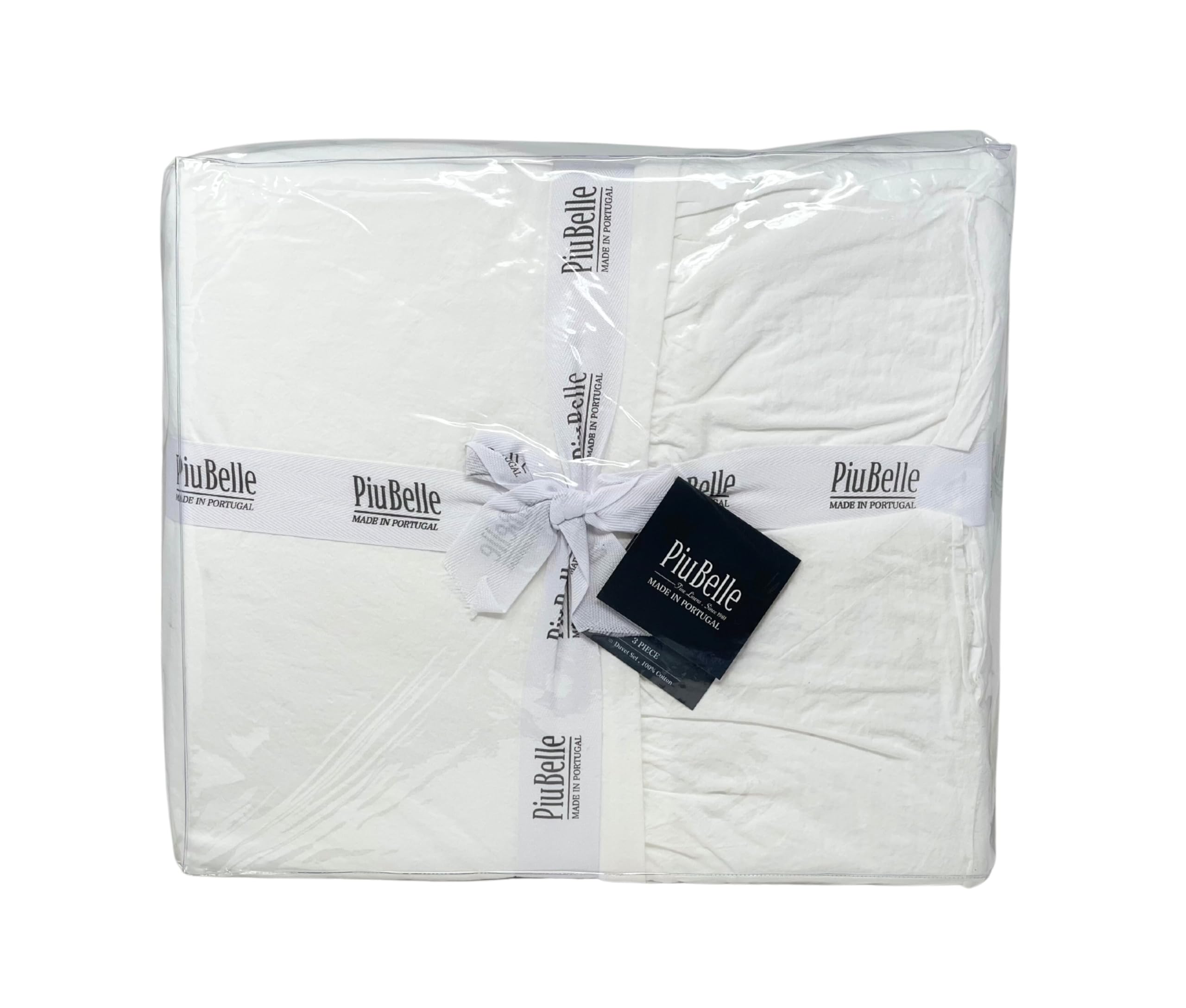 Piubelle Portugal Solid White 3pc Duvet Cover Set with Single Flange Fringed Edges Shabby Chic French Farmhouse Style Comforter Quilt Cover 100% Cotton Luxury (King)