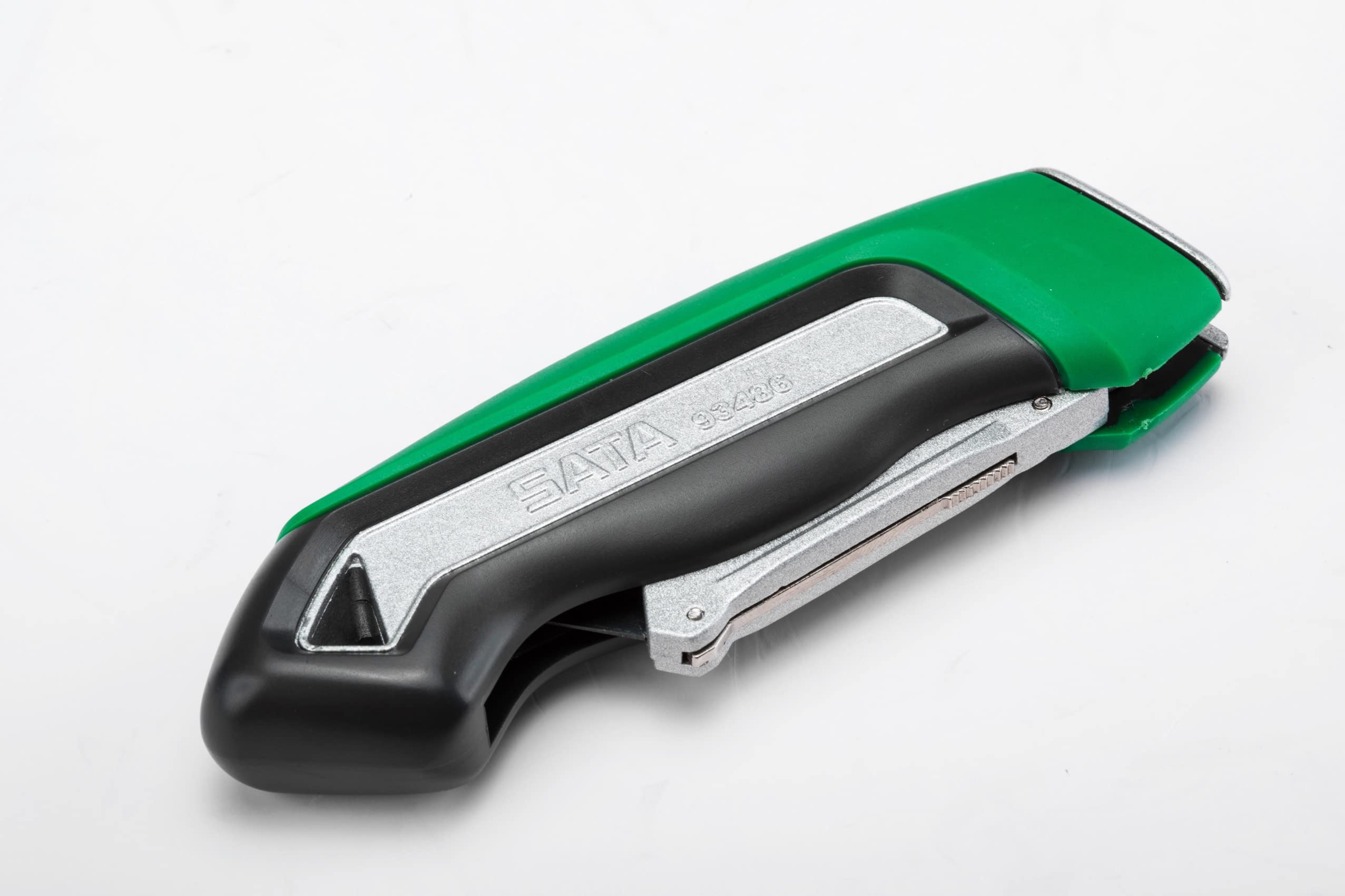 SATA T-Series Folding Utility Knife with Easy-Access Blade Storage in the Body and a Green Dual Material Handle - ST93486