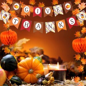 GIVE Thanks Hanging Banner Autumn Pumpkin Honeycomb Ball Maple Leaf Garland Fall Harvest Welcome Banner for Thanksgiving Party Decorations