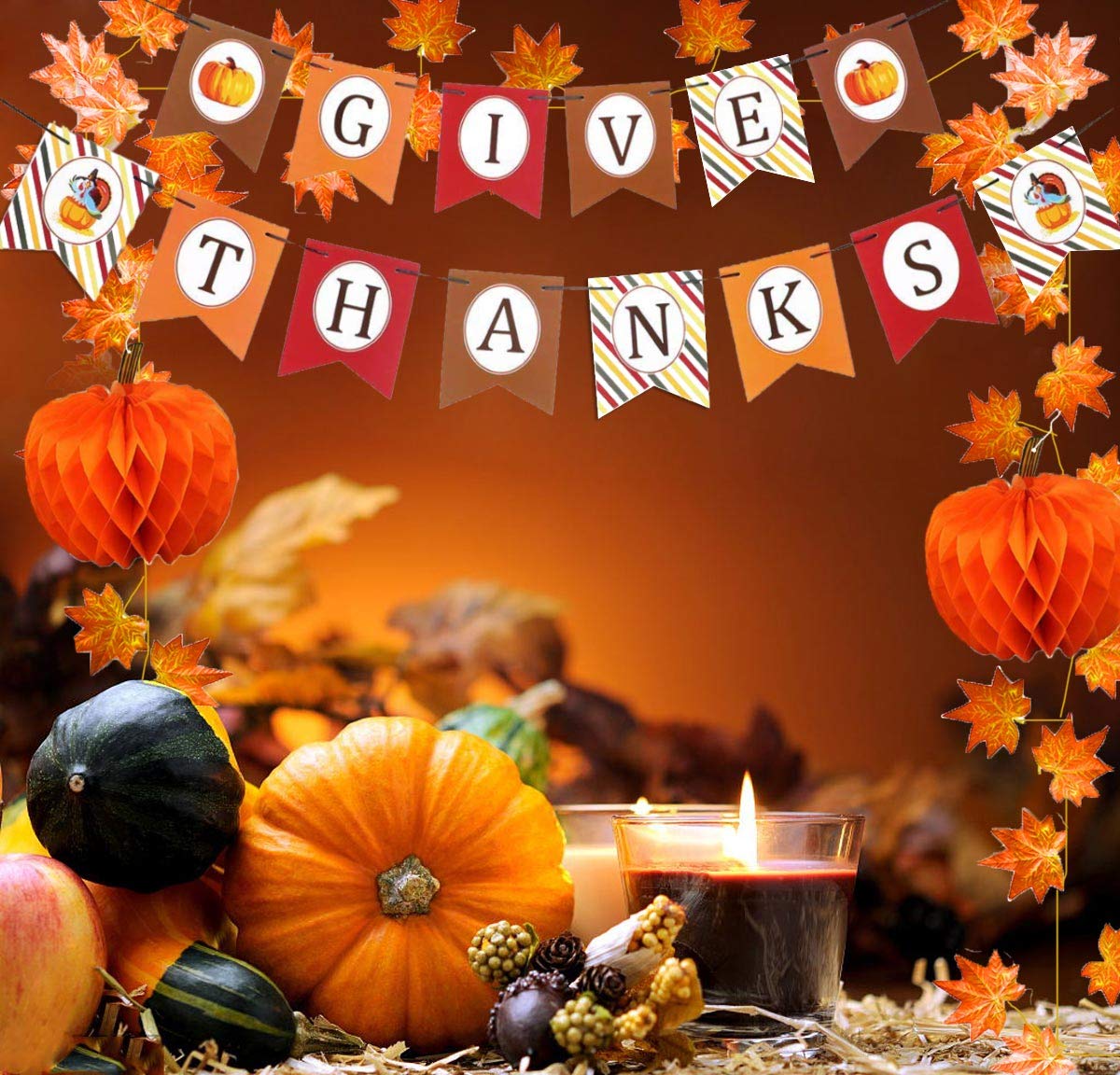 GIVE Thanks Hanging Banner Autumn Pumpkin Honeycomb Ball Maple Leaf Garland Fall Harvest Welcome Banner for Thanksgiving Party Decorations