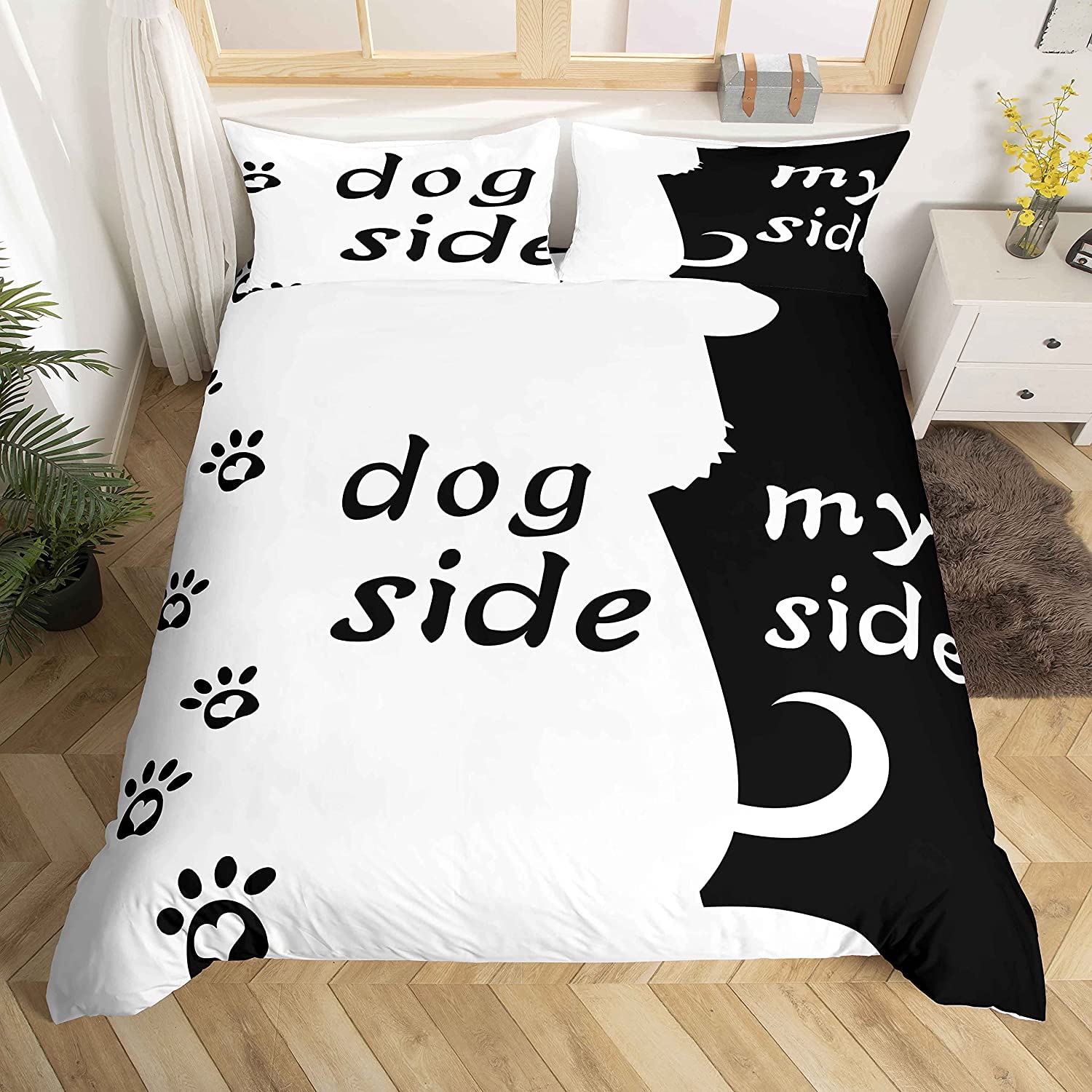 Dog Side and My Side Comforter Cover Valentine's Day Present Couple Bedding Set Black White Dog Duvet Cover Set Romantic Theme Couple Adult Bedspread with Zipper Ties Soft Microfiber Quilt Set, Queen