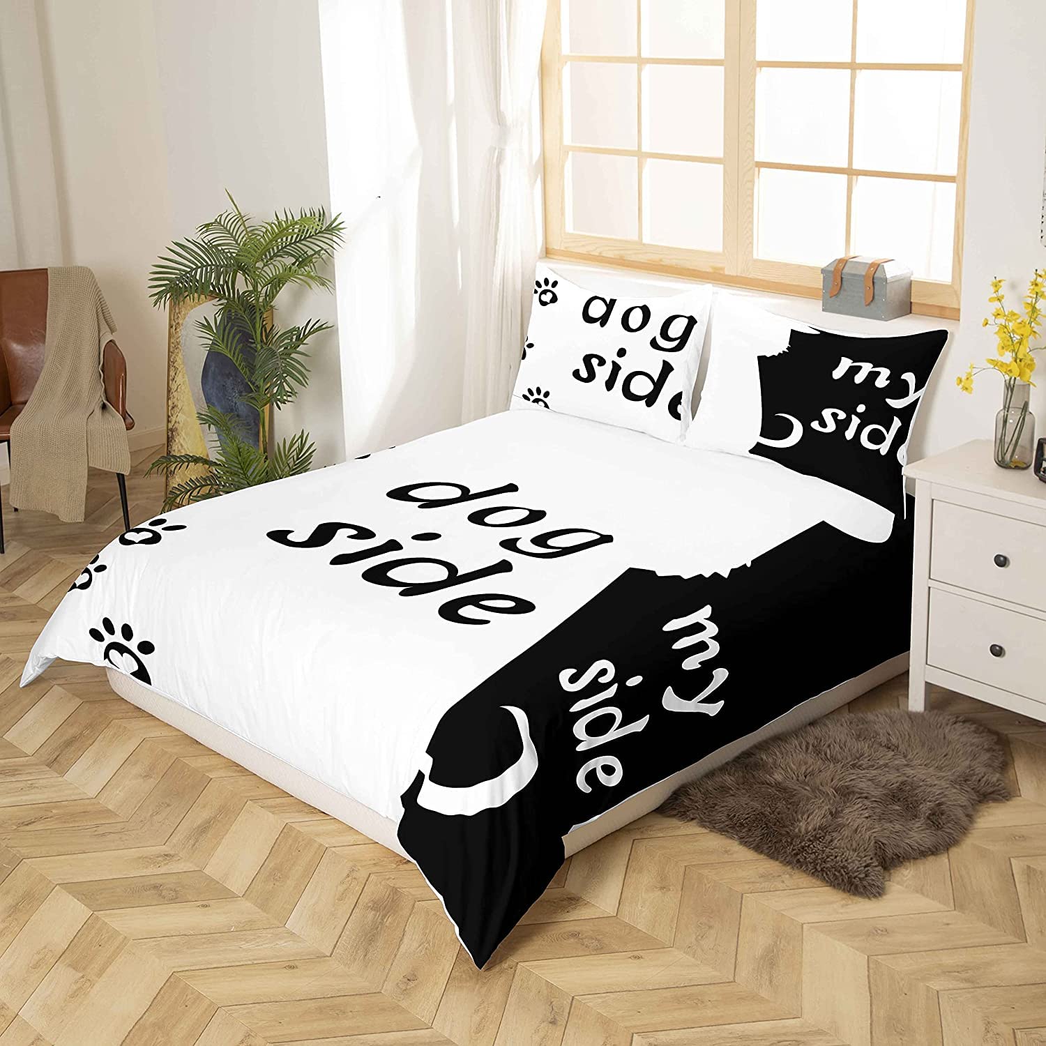 Dog Side and My Side Comforter Cover Valentine's Day Present Couple Bedding Set Black White Dog Duvet Cover Set Romantic Theme Couple Adult Bedspread with Zipper Ties Soft Microfiber Quilt Set, Queen