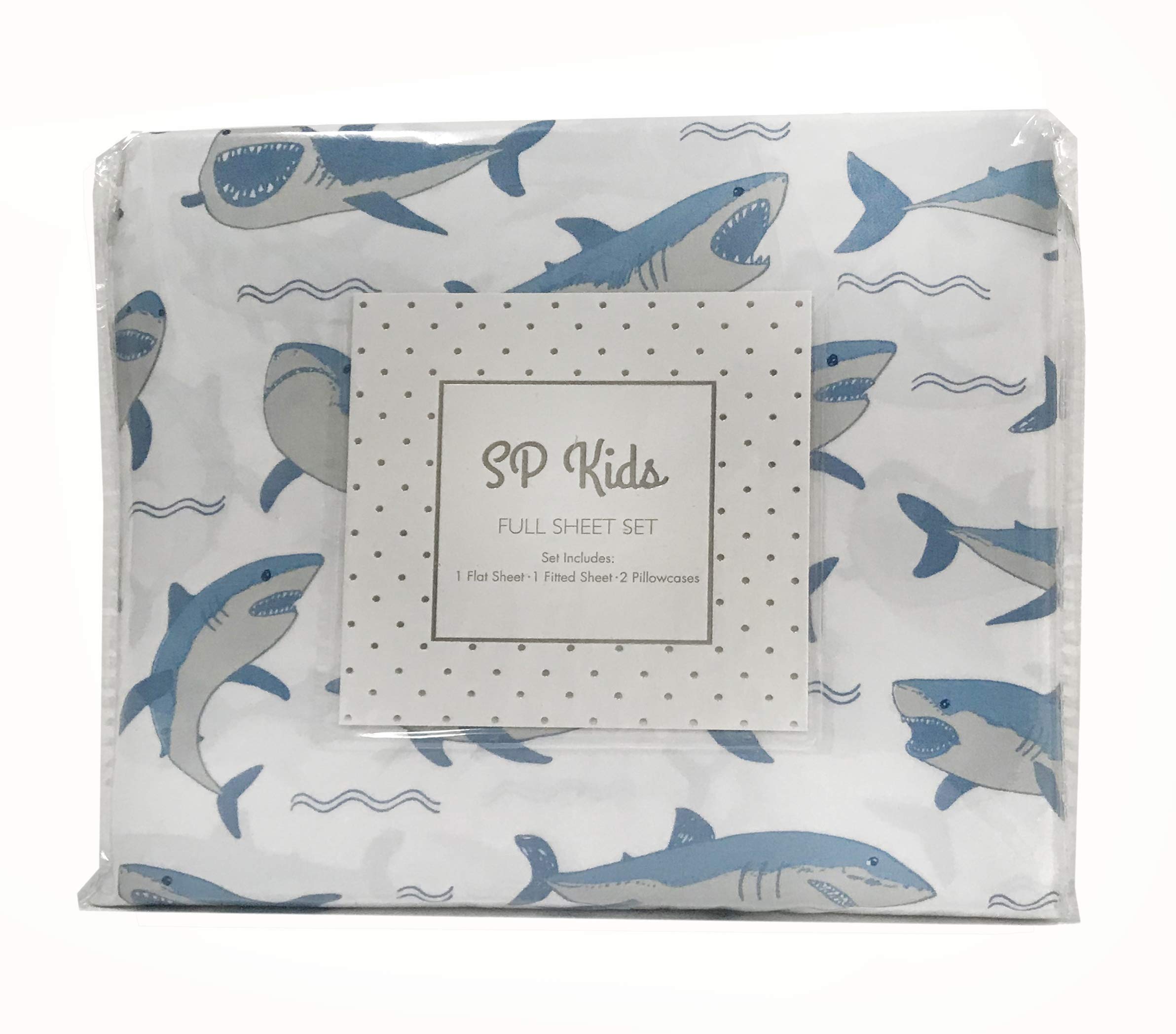 Sleeping Partners 4-Piece Blue Shark Sheet Set | 1 Full Flat Sheet, 1 Full Fitted Sheet & 2 Queen Pillowcases | Made of 100% Super Soft Microfiber Polyester | Soft, Smooth & Durable | Ideal for Boys