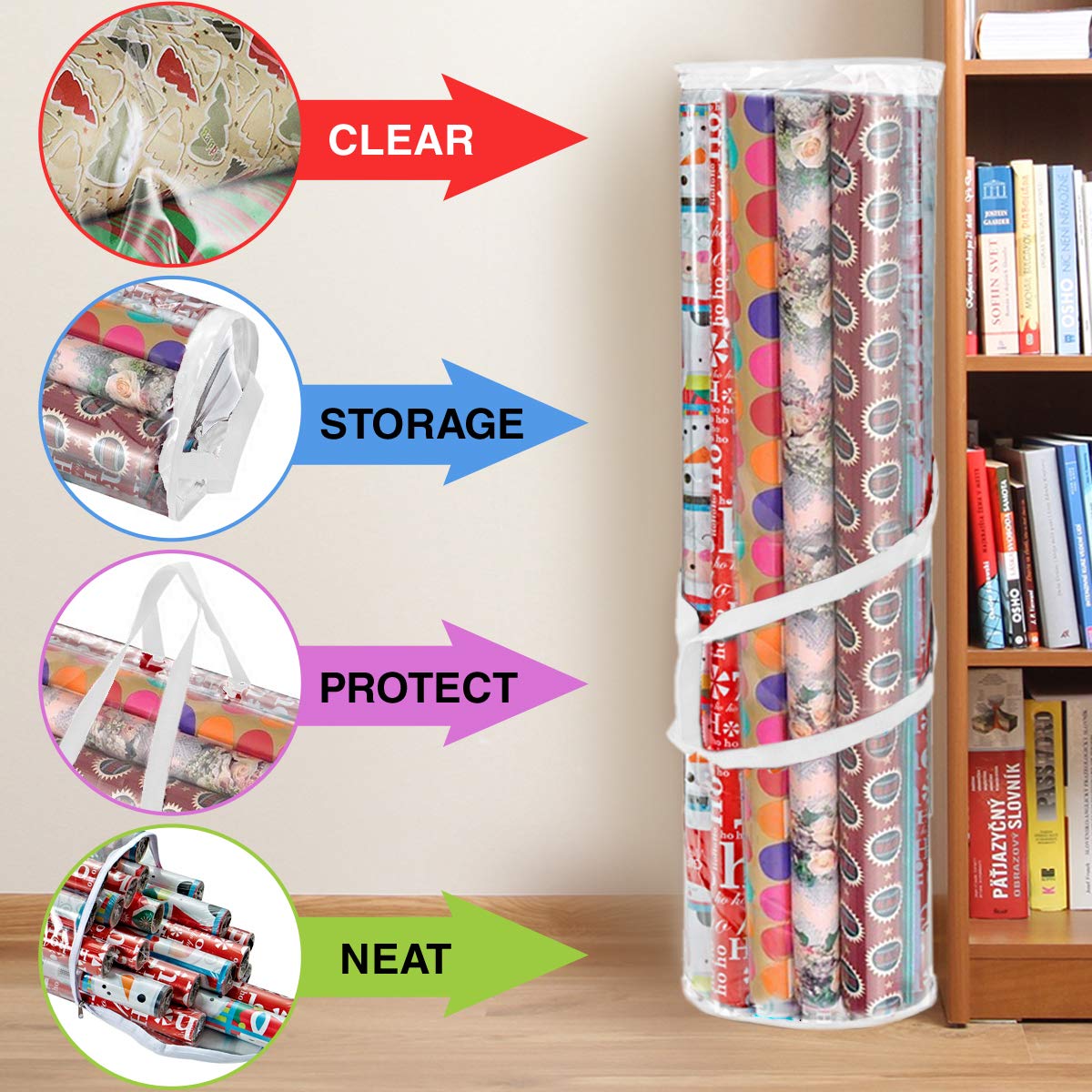 Primode Wrapping Paper Storage Bag, Gift Wrap Organizer, Fits 40 Inch Long Rolls, Hold Up to 24 Rolls, Heavy Duty Clear PVC Bag with Top and Side Handles (White)