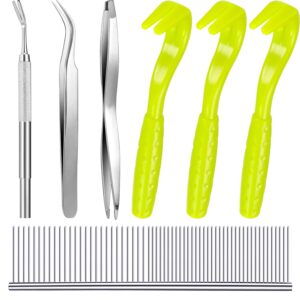 tick removal tool kit, include 3 pieces plastic removers, 3 pieces stainless steel tweezers with comb for dog and cats (fluorescent green)