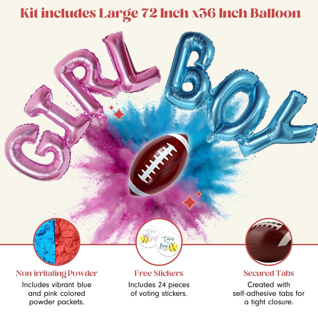 Gender Reveal Football Kit with Large 72-inch Balloons and Stickers - Football Ball Gender Reveal Games with Powder (Pink & Blue) - Baby Shower Party Supplies and Gender Reveal Ideas - 1 Full Kit