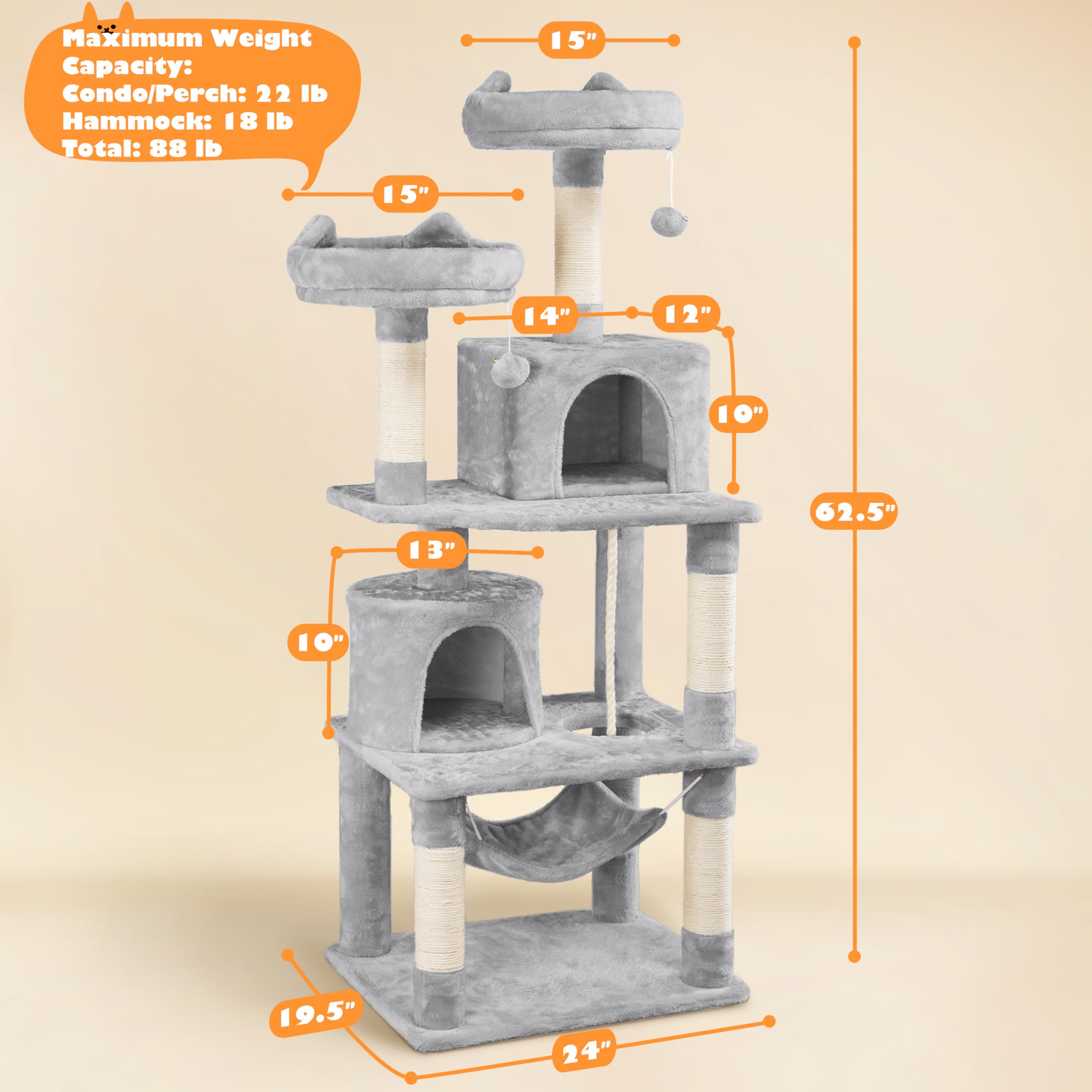 Yaheetech 62.2inches Cat Tree Cat Towers Cat Condo with Platform & Hammock, Scratching Posts for Kittens Pet Play House with Plush Perch for Indoor Activity Relaxing