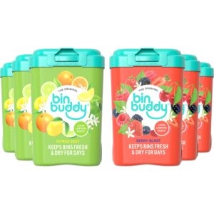 bin buddy mixed fresh citrus & berry, 450g, pack of 6, bin freshener deodoriser powder, leaves your bin smelling great, suitable for indoor and outdoor bins