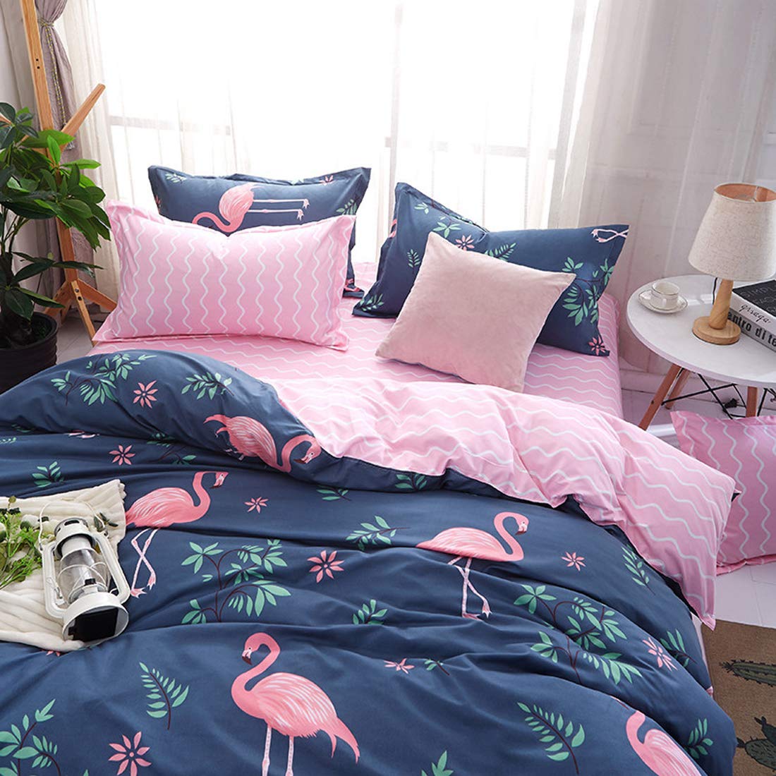 Erosebridal Flamingo Bedding Set King Size Blue Duvet Cover Set 3D Animal Theme Comforter Cover for Adult Teen Bed Cover Bohemia Simple Style Bedspread Cover Soft Lightweight Quilt Cover