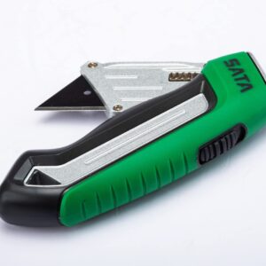 SATA T-Series Folding Utility Knife with Easy-Access Blade Storage in the Body and a Green Dual Material Handle - ST93486