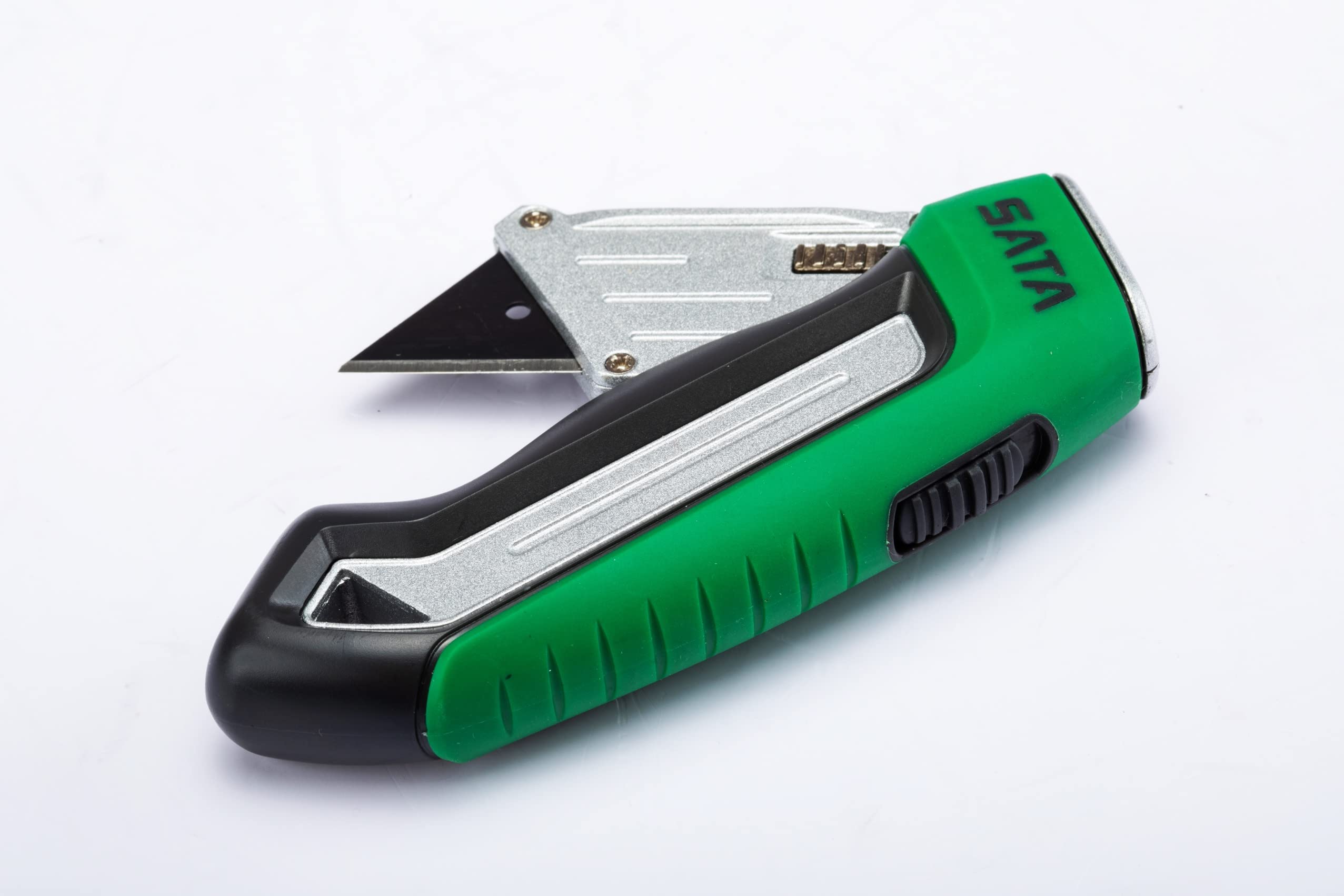 SATA T-Series Folding Utility Knife with Easy-Access Blade Storage in the Body and a Green Dual Material Handle - ST93486