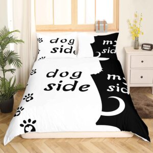 dog side and my side comforter cover valentine's day present couple bedding set black white dog duvet cover set romantic theme couple adult bedspread with zipper ties soft microfiber quilt set, queen