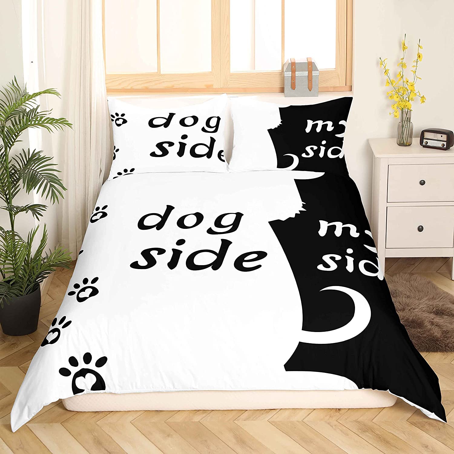 Dog Side and My Side Comforter Cover Valentine's Day Present Couple Bedding Set Black White Dog Duvet Cover Set Romantic Theme Couple Adult Bedspread with Zipper Ties Soft Microfiber Quilt Set, Queen