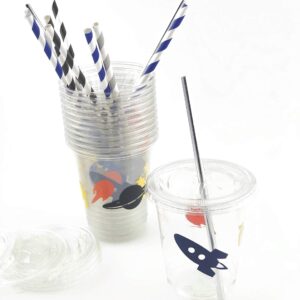 Space Party Cups Galaxy Rocket Birthday Disposable with Lids Straws (12 Set)