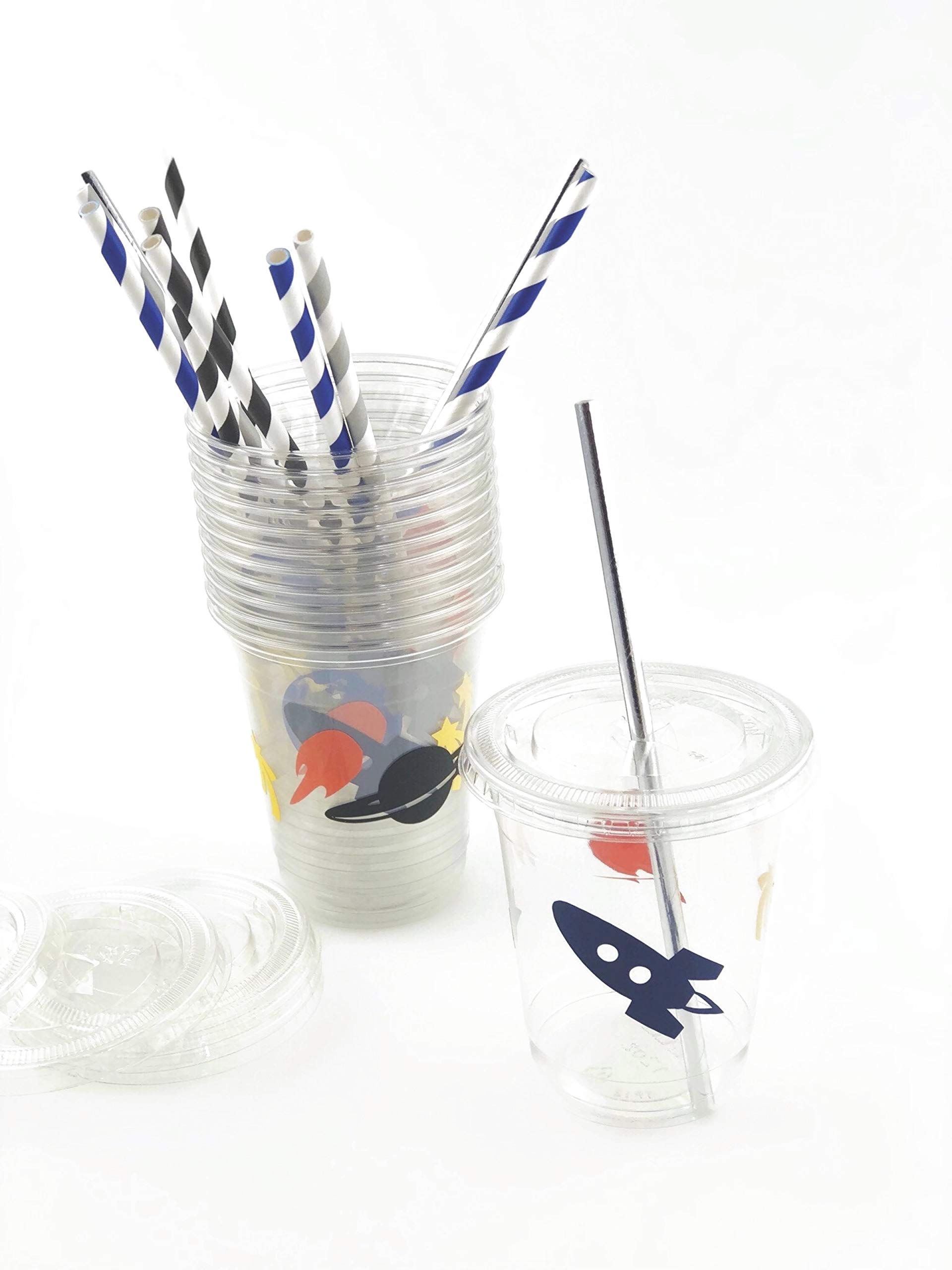 Space Party Cups Galaxy Rocket Birthday Disposable with Lids Straws (12 Set)