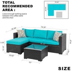 Walsunny Patio Furniture Set 3 Piece Outdoor Sectional Patio Sofa, All Weather Wicker Rattan Outdoor Furniture with Glass Table and Cushions(Black/Blue)