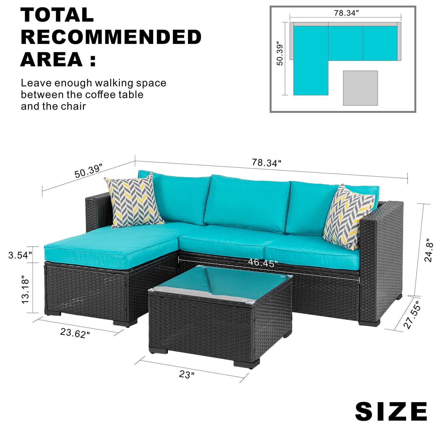 Walsunny Patio Furniture Set 3 Piece Outdoor Sectional Patio Sofa, All Weather Wicker Rattan Outdoor Furniture with Glass Table and Cushions(Black/Blue)