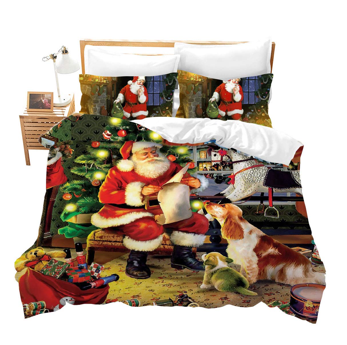 Erosebridal Christmas Duvet Cover Full Size Red Kids Bedding Set 3D Santa Claus Dog Printed Bedspread Cover Christmas Warm Theme Decor Comforter Cover for Family Adult Pattern Decor Quilt Cover