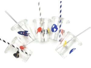 space party cups galaxy rocket birthday disposable with lids straws (12 set)