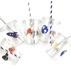 Space Party Cups Galaxy Rocket Birthday Disposable with Lids Straws (12 Set)