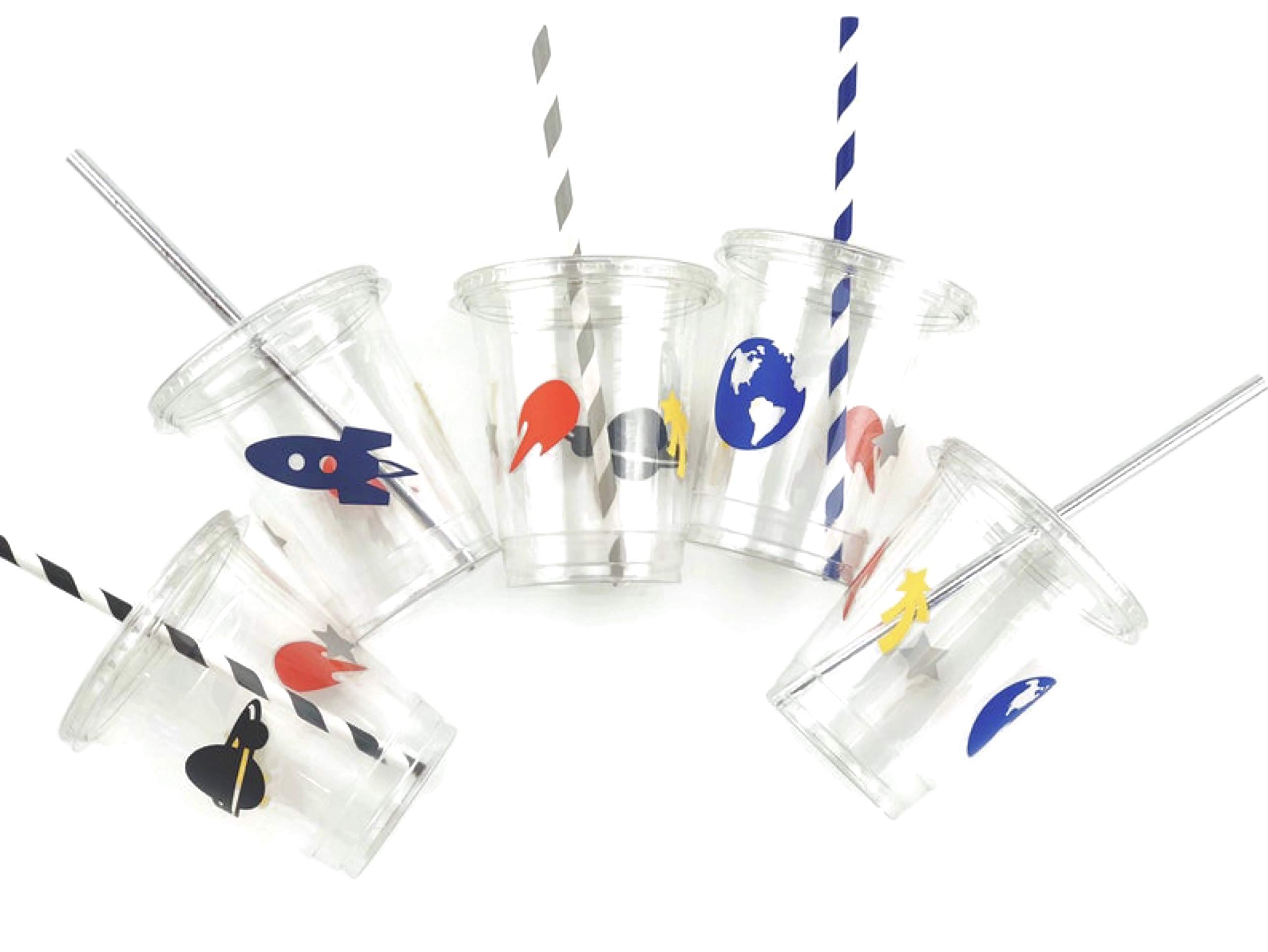 Space Party Cups Galaxy Rocket Birthday Disposable with Lids Straws (12 Set)