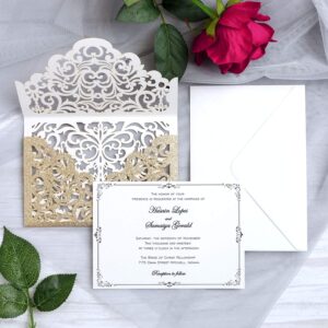 YIMIL 20 Pcs Laser Cut Wedding Invitation Cards with Envelopes for Wedding Quinceañera Birthday Engagement Bridal Shower Graduation Party (Gold Glittler)